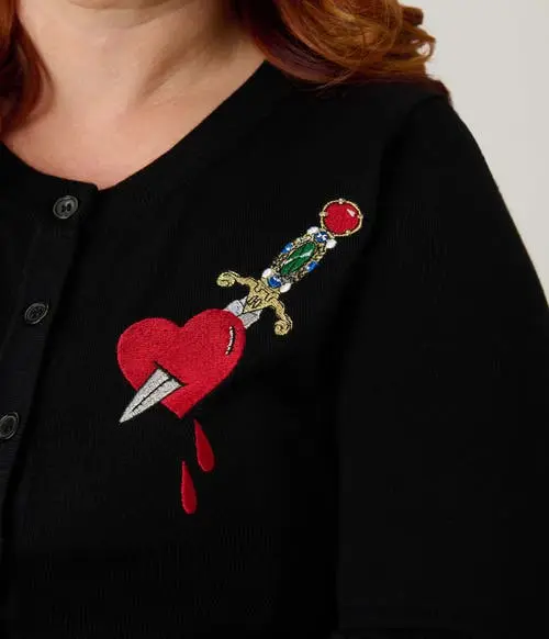 Unique Vintage Embroidered Cardigan - Black W/ Dagger