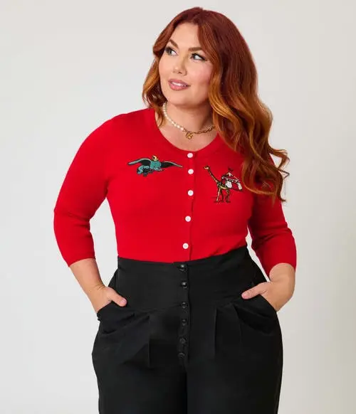 Unique Vintage Embroidered Cardigan - Red Solid