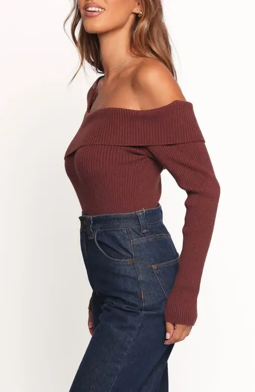 PETAL & PUP Aleena One-shoulder Ribbed Sweater - Chocolate Brown