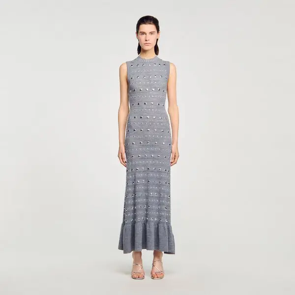 Studded Ruffled-hem Pointelle-knit Maxi Dress - Grey