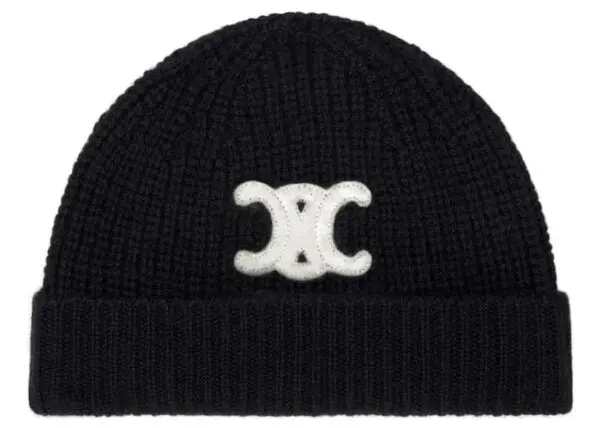 Celine Cashmere Embroidered Triomphe Beanie - Black