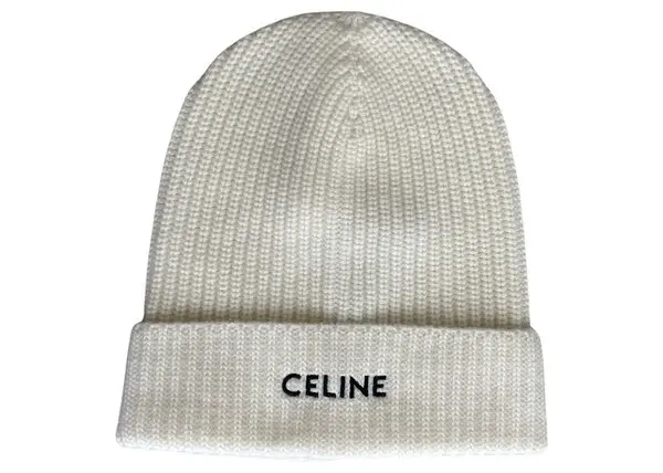 Celine Logo Embroidery Heritage Cashmere Beanie - Off White