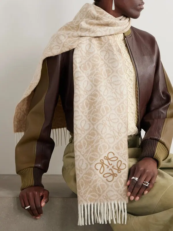 Loewe Fringed Wool And Cashmere-blend Jacquard Scarf - Neutrals