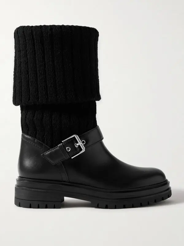 GIANVITO ROSSI Thurso Buckled Leather And Ribbed-knit Ankle Boots