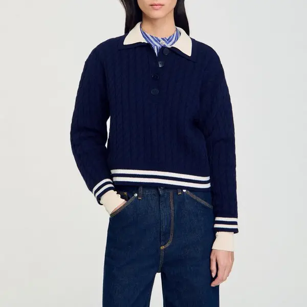 Sandro Cable Knit Polo Sweater