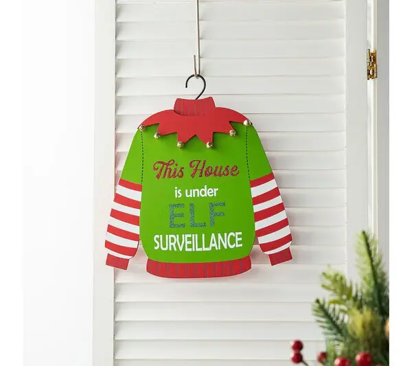 GLITZHOME 13.25 Adorable Wooden Christmas Elfdoor Hanger - One-color
