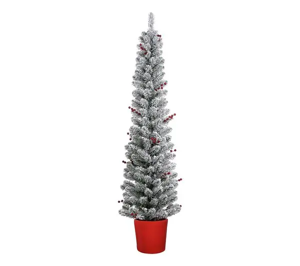 HAUTE DECOR 5' Prelit Flocked Berry Pencil Pott Ed Tree