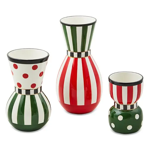 MACKENZIE-CHILDS Red & Green Ceramic Vases, Set Of 3