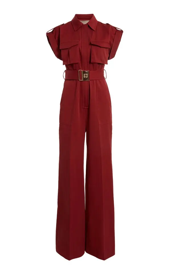 Elie Saab Pocket-detail Cotton-gabardine Jumpsuit - Burgundy