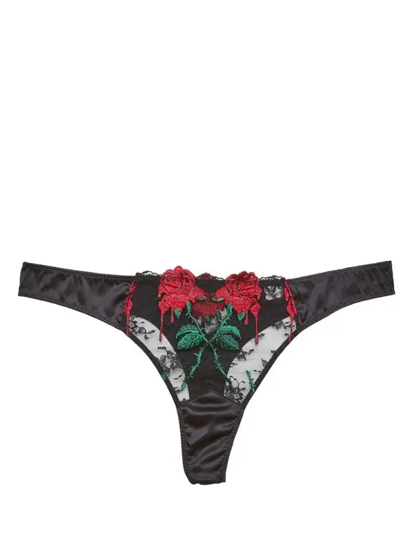 Fleur Du Mal Vampire Rose Embroidered Thong - Black