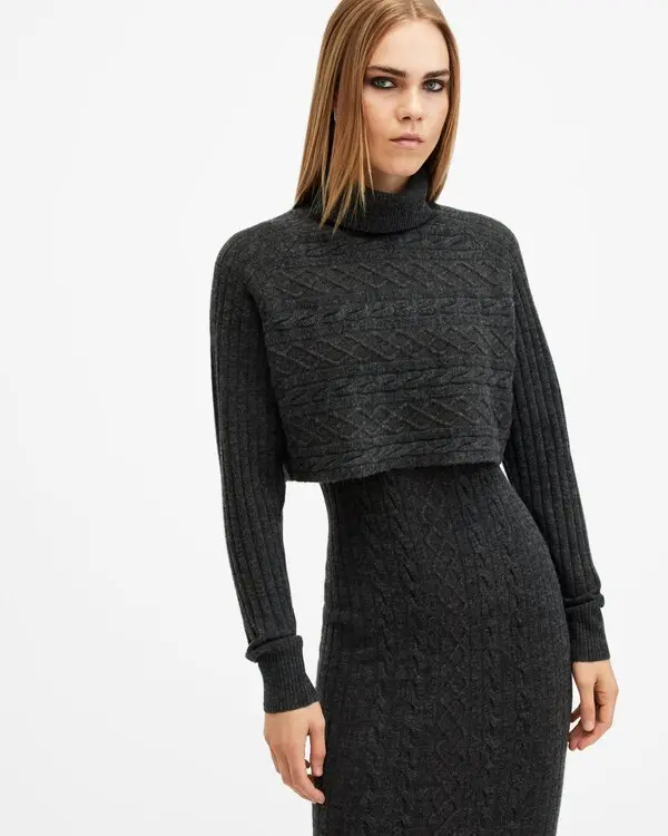 knitted long black dress Mari Knit Long Sleeve Collared Midi Dress