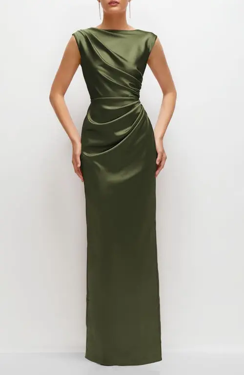 After Six Pleated Cap-sleeve Charmeuse Gown - Olive Green