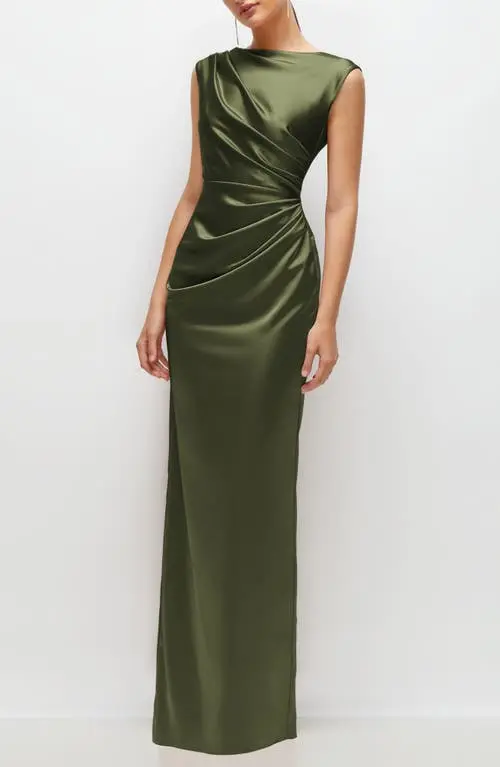 After Six Pleated Cap-sleeve Charmeuse Gown - Olive Green