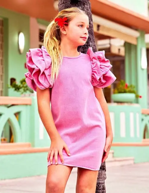 LOLA + THE BOYS Ruffle Denim Dress - Medium Pink