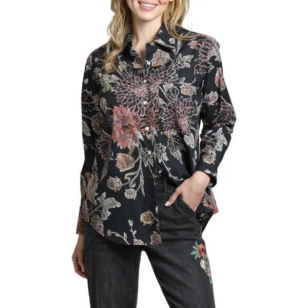 APNY Boyfriend Poplin Button-up Shirt - Black Multi