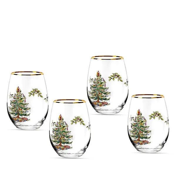 SPODE Christmas Tree Stemless Wine Glasses, Set Of 4 - Green