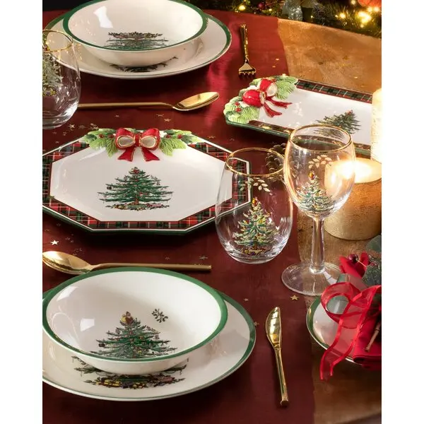SPODE Christmas Tree Stemless Wine Glasses, Set Of 4