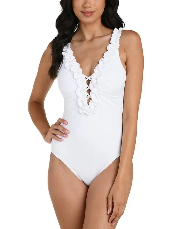 La Blanca Ig Ruffle Plunge Mio One-piece Swimsuit - White