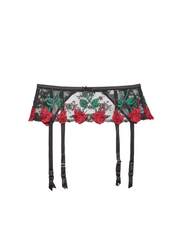 Fleur Du Mal Vampire Rose Embroidered Garter Belt - Black