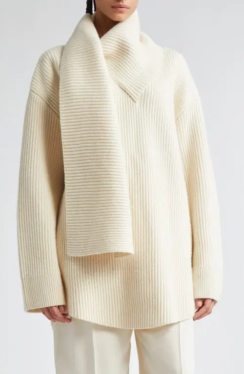 TOTEME Draped Scarf Oversize Funnel Neck Wool Rib Sweater