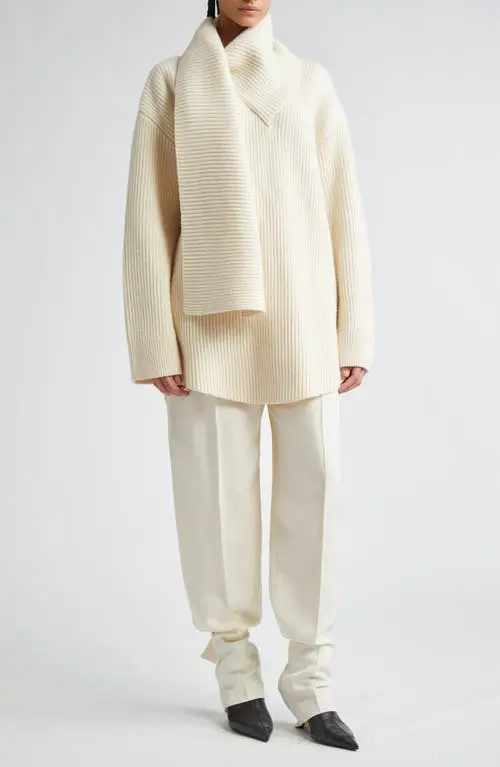 TOTEME Draped Scarf Oversize Funnel Neck Wool Rib Sweater