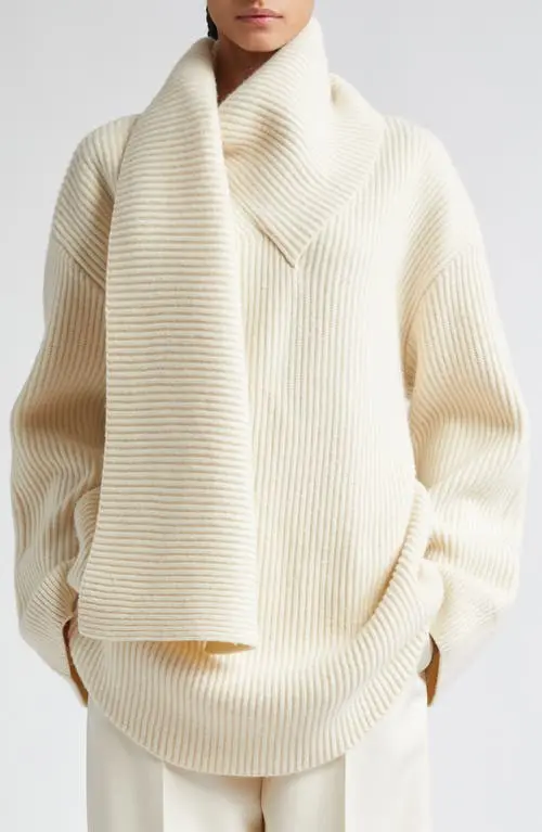 TOTEME Draped Scarf Oversize Funnel Neck Wool Rib Sweater