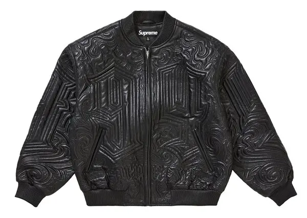Supreme Mister Cartoon Embroidered Leather Jacket - Black