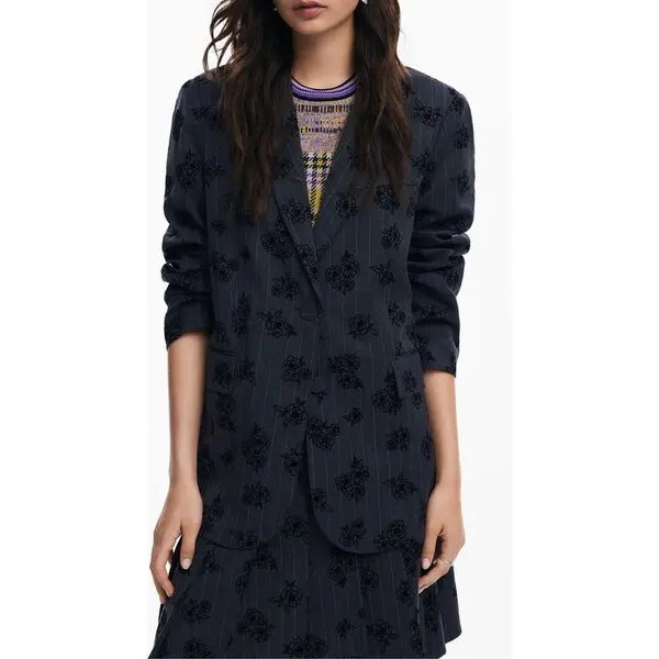 Desigual Floral Embroidered Pinstripe Jacket