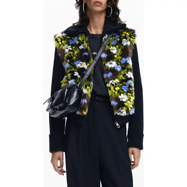 Desigual Lyon Faux Fur Mixed Media Knit Jacket