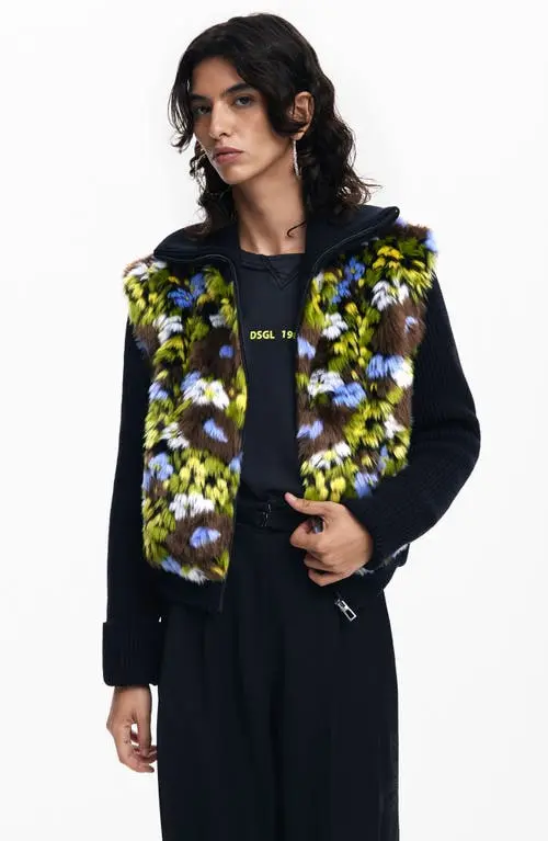 Desigual Lyon Faux Fur Mixed Media Knit Jacket