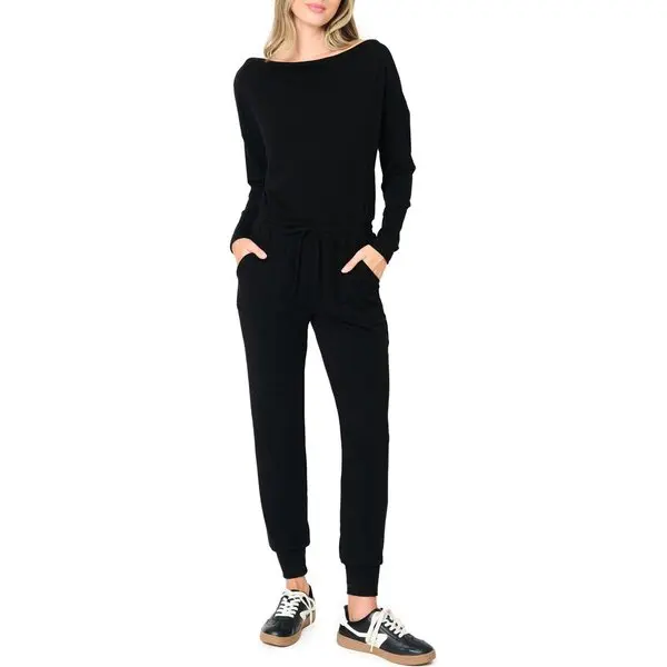 GIBSONLOOK Luxe Off The Shoulder Long Sleeve Knit Jumpsuit - Black