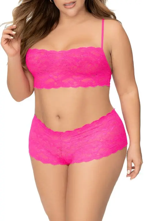 MAPALE Lace Bralette & Boyshorts Set - Hot Pink