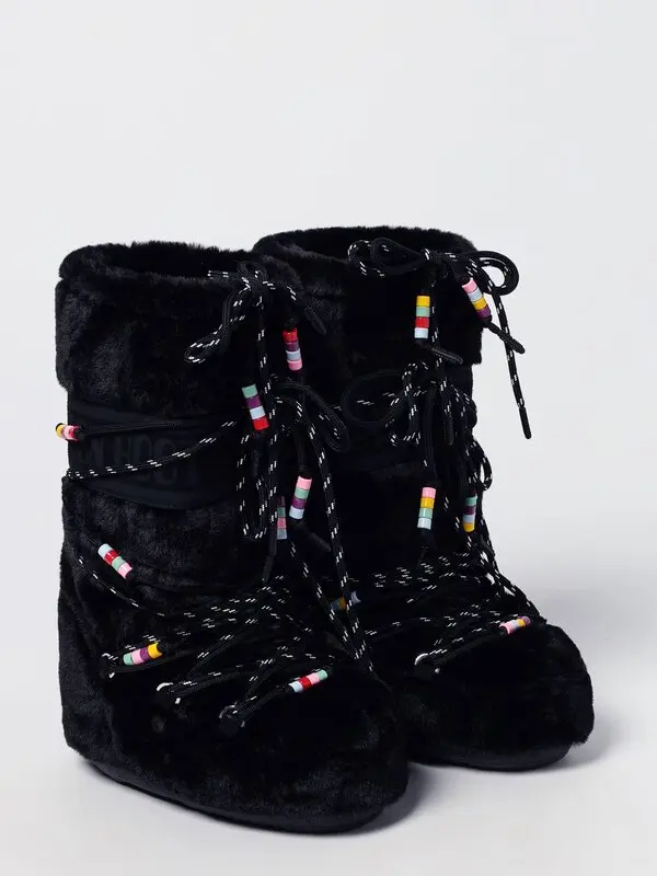 Moon Boot Furry Lace-up Boots - Black