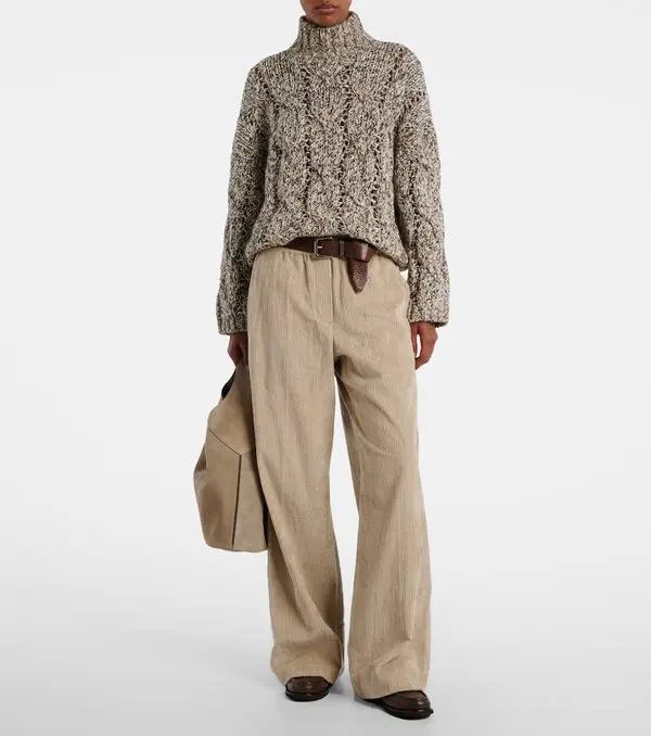 Brunello Cucinelli High-rise Wide-leg Corduroy Trousers - Beige