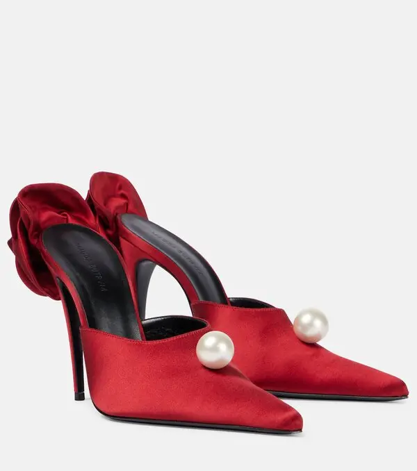 Magda Butrym Floral Appliqué Faux Pearl Mules - Red