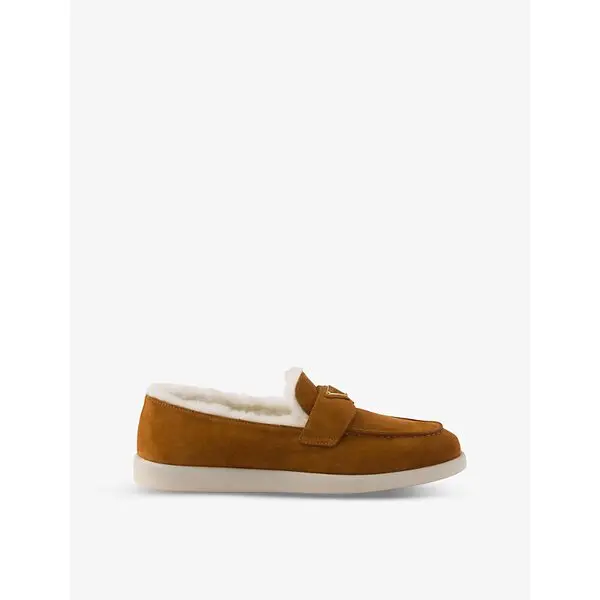 Prada Triangle-Plaque Suede And Shearling Loafers - Brown  display picture 2