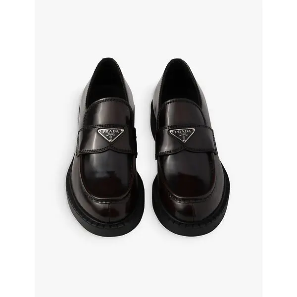 Prada Chocolate Logo-plaque Brushed Leather Loafers