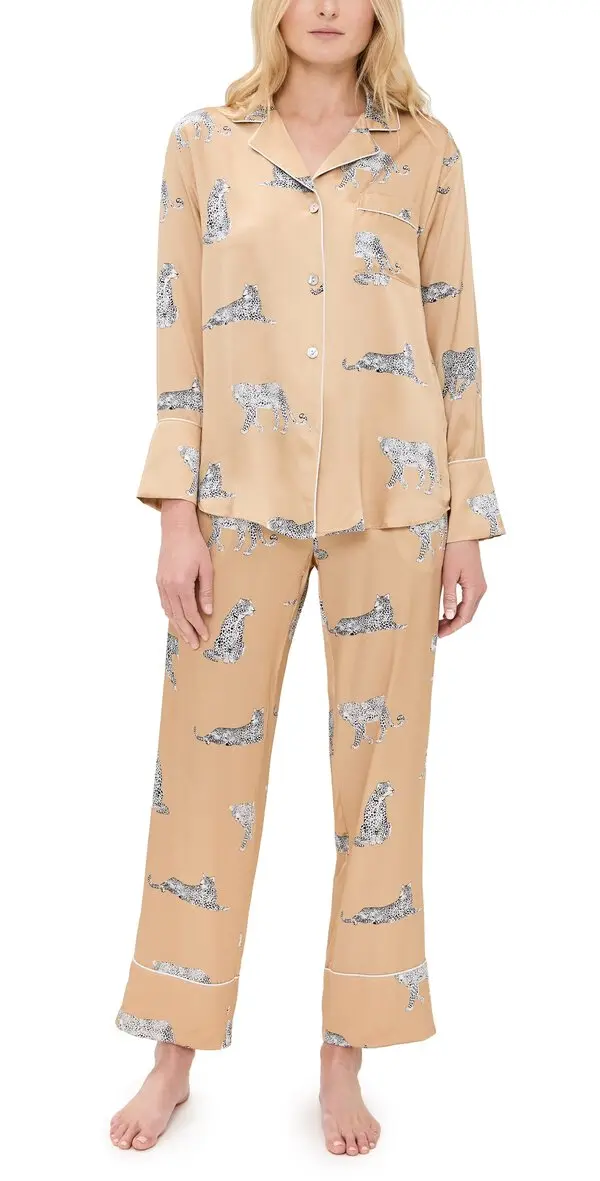 PETITE PLUME Mulberry Silk Panther Champagne Pajama Set - Gold