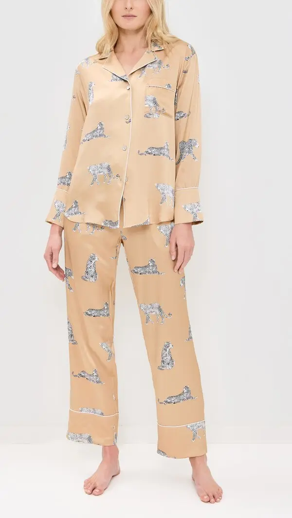 PETITE PLUME Mulberry Silk Panther Champagne Pajama Set - Gold