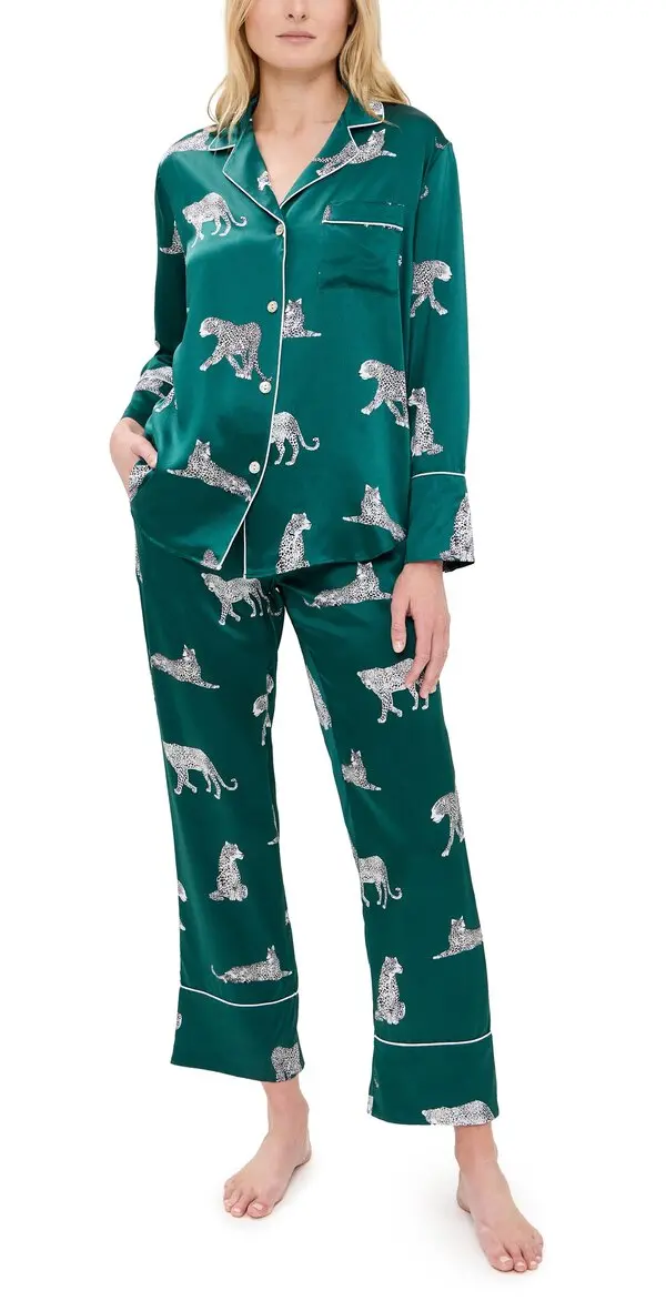 PETITE PLUME Mulberry Silk Panthre De Luxe Pajama Set - Emerald