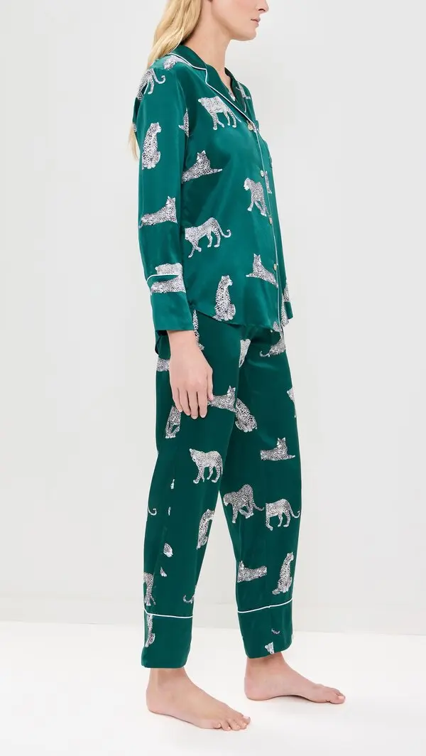 PETITE PLUME Mulberry Silk Panthre De Luxe Pajama Set - Emerald