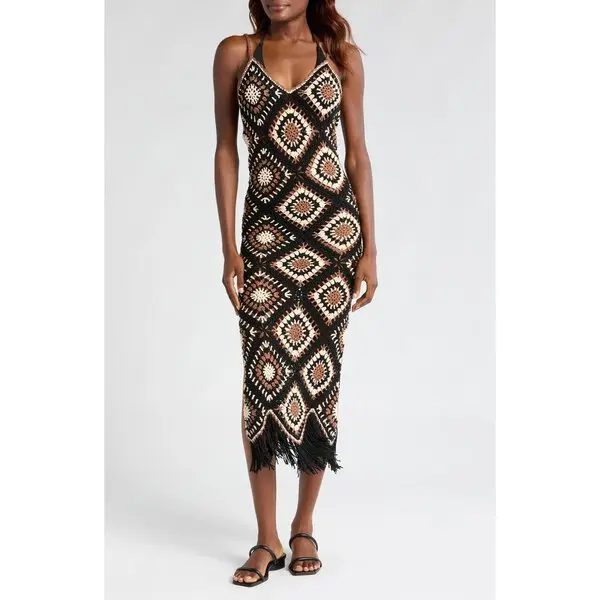 Elan Crochet Maxi Cover-up Dress - Black Multi