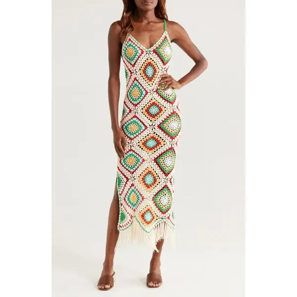 Elan Crochet Maxi Cover-up Dress - White Multi