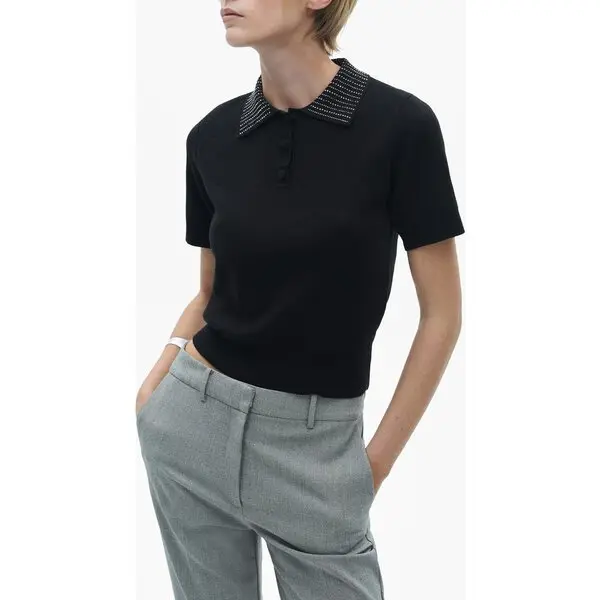 Mango Rhinestone Collar Knit Polo Shirt