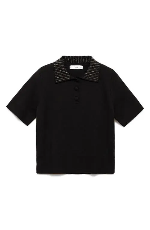Mango Rhinestone Collar Knit Polo Shirt