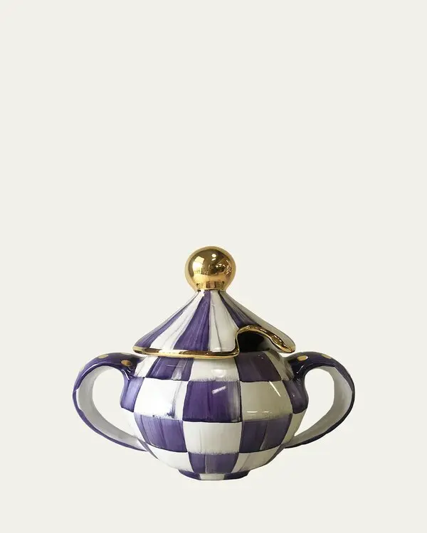 MACKENZIE-CHILDS Violet Check Ceramic Sugar Bowl With Lid