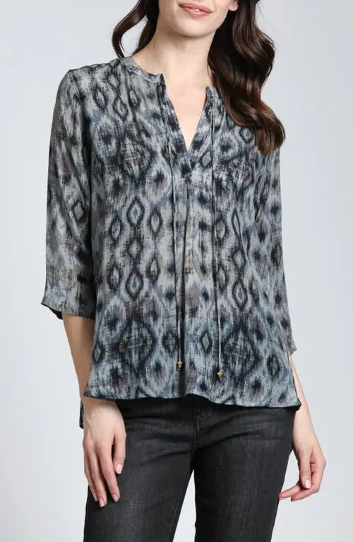APNY Print Tassel Split Neck Chiffon Top - Black/grey Multi