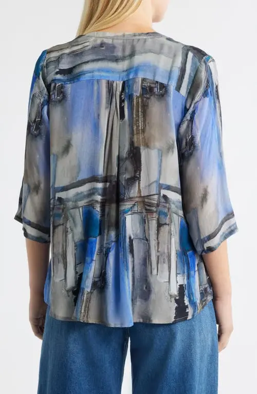APNY Print Tassel Split Neck Chiffon Top - Blue Multi