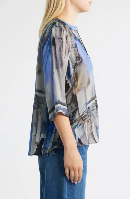 APNY Print Tassel Split Neck Chiffon Top - Blue Multi