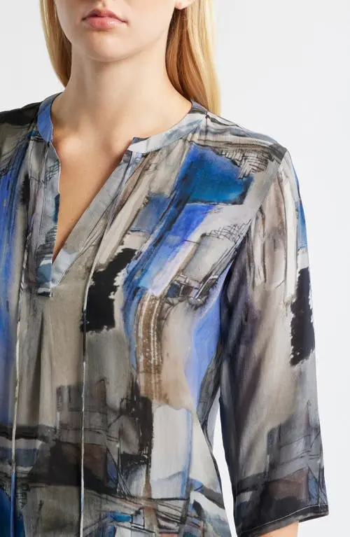 APNY Print Tassel Split Neck Chiffon Top - Blue Multi